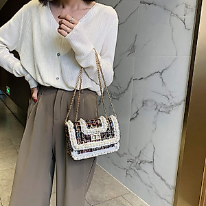 Aitian Designer Tweed Pearl Chain Purse - Fashion Crossbody Bags for Women and Shoulder Purses and Handbags Quilted Leather Designer Bags for Women Crossbody Bag with Chain