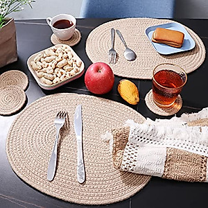 WENFOME 4 Pack Oval Jute Woven Placemats and Set of 4 Round Fabric Coasters, Cotton Braided Placemats Set, Dining Table Mat, Heat-Resistant Pot Holders, 12 * 16'' Washable Place Mats