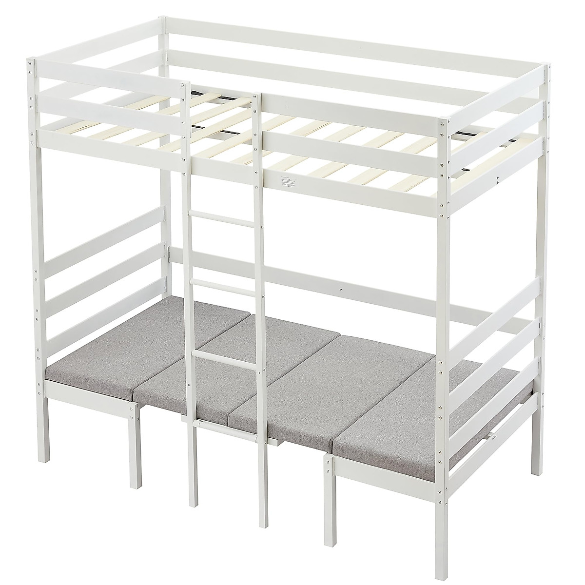Metal Loft Bed Twin Size, Twin Loft Bed with Desk and Bench, Twin Size Loft Bed Turn into Twin Bunk Beds, Twin Loft Bed with Ladder and Full-Length Guardrail(Cushion Sets are Free), Twin White