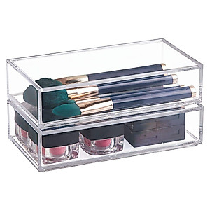 mDesign Small Makeup Organizer Box with Lid for Vanity Countertops, Cabinet - Store Makeup Brushes, Eye Shadow Palettes, Lipstick, Lip Gloss, Blush, Jewelry - Plastic, 2 Pack - Clear
