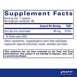 Pure Encapsulations Zinc 30 mg - Highly Absorbable - for Immune System Support - Zinc Picolinate - 60 Capsules