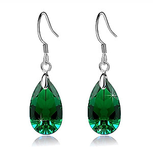 Teardrop Austrian Crystal Drop Dangle Earrings for Women 925 Sterling Silver Hypoallergenic Hook Earring (Emerald)