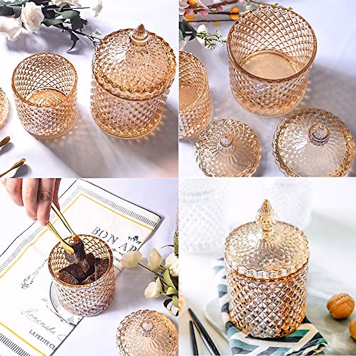 YOUDirect Apothecary Jar, 20 OZ Glass Qtip Holder with Lid, Luxurious Crystal Canister Bathroom Counter Vanity Organizer for Bath Salts/Bombs Cotton Balls/Swabs/Rounds Makeup Sponges (Rose Gold)