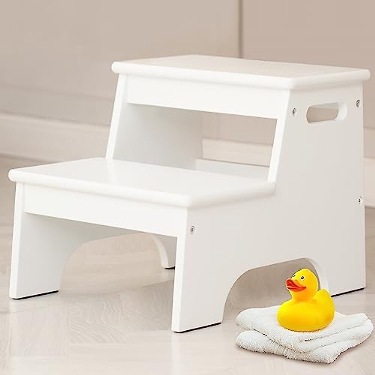 Wood Step Stool for Kids Bathroom, White Toddler Step Stool for Kitchen Counter Sink, Small Girl Boy Child 2 Step Stool for Toilet Potty Bed Nursery Bedroom, Non Slip Adult Stool for Closet