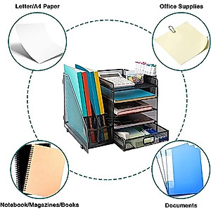 Metal Mesh Desk Organizer with 1 Sliding Drawer, 5 Horizontal Trays and 2 Vertical Sections, with 2 Spaces for Pencils and Accessories Black, assembles and disassembles in minutes to store or use