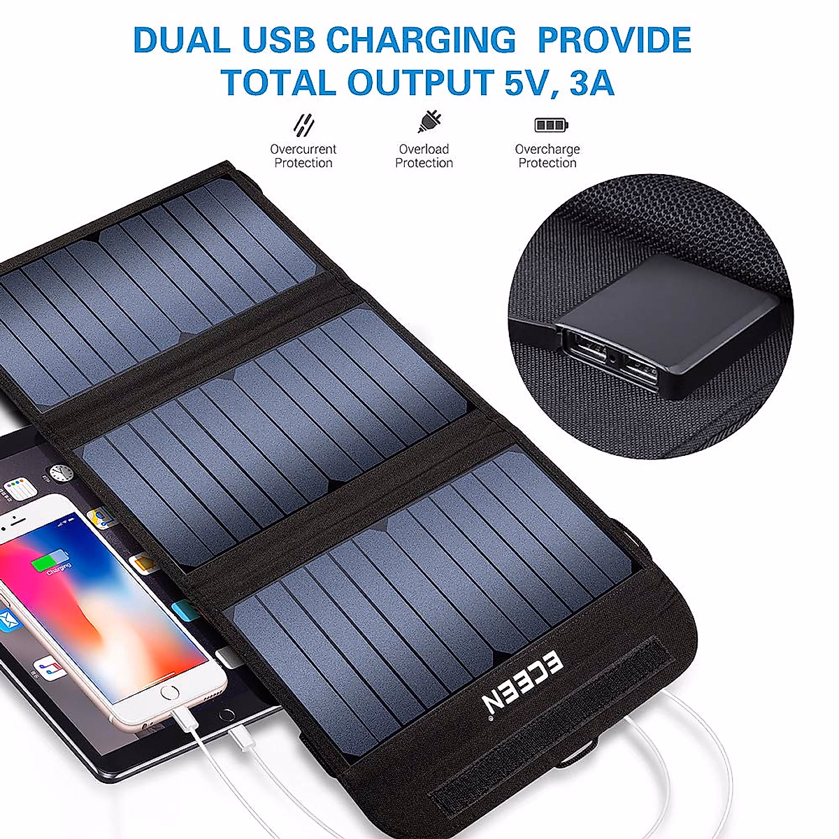 ECEEN Portable Solar Charger, 20W Solar Panel Charger for Cell Phone with Dual USB Output Waterproof Foldable Camping Solar Pnaels Survival Emergnecy Kit for Tablet GPS iPhone Camera & USB Devices