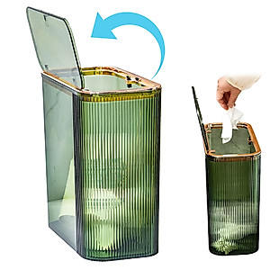 Transparent Trash Can, 12.2x6.1x11.8 inch Green Garbage Can, Bathroom Trash Cans with Lids, Plastic Slim Waste Basket, Space-saving Trash Can