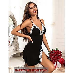 Aranmei Women Sexy Lace Chemise Nightgown Sleepwear V Neck Full Slip Babydoll Lingerie Sleep Dress(Black Small)