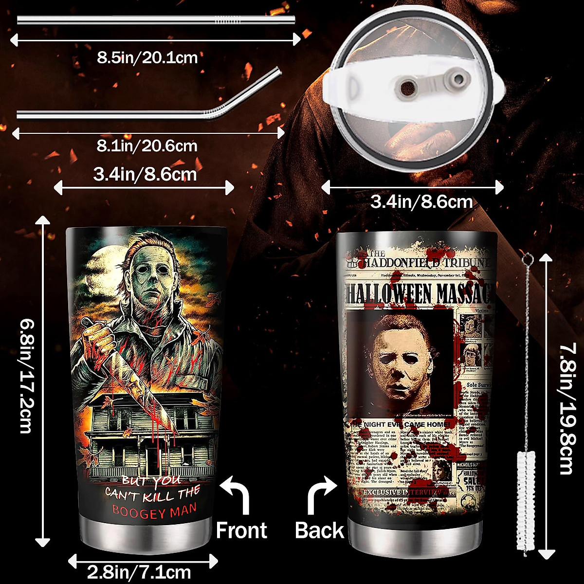 XWLAI Horror Tumbler with Lid and straw - Gift for Men, Women Who Love A Good Scare - Halloween Coffee Cup - Gifts for Friend on Birthday, Christmas - Halloween Decorations - Horror Tumbler 20 Oz