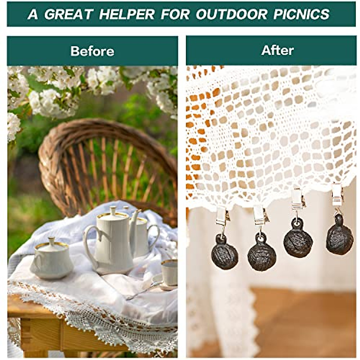 Sungmor Cast Iron Heavyweight Tablecloth Weights - 4 Pack Antique Dark Brown Round Clew Pendent Clips Weights Kit - Heavy Duty Table Cloth Cover Clamps for Home Garden Party Wedding Camping Picnic