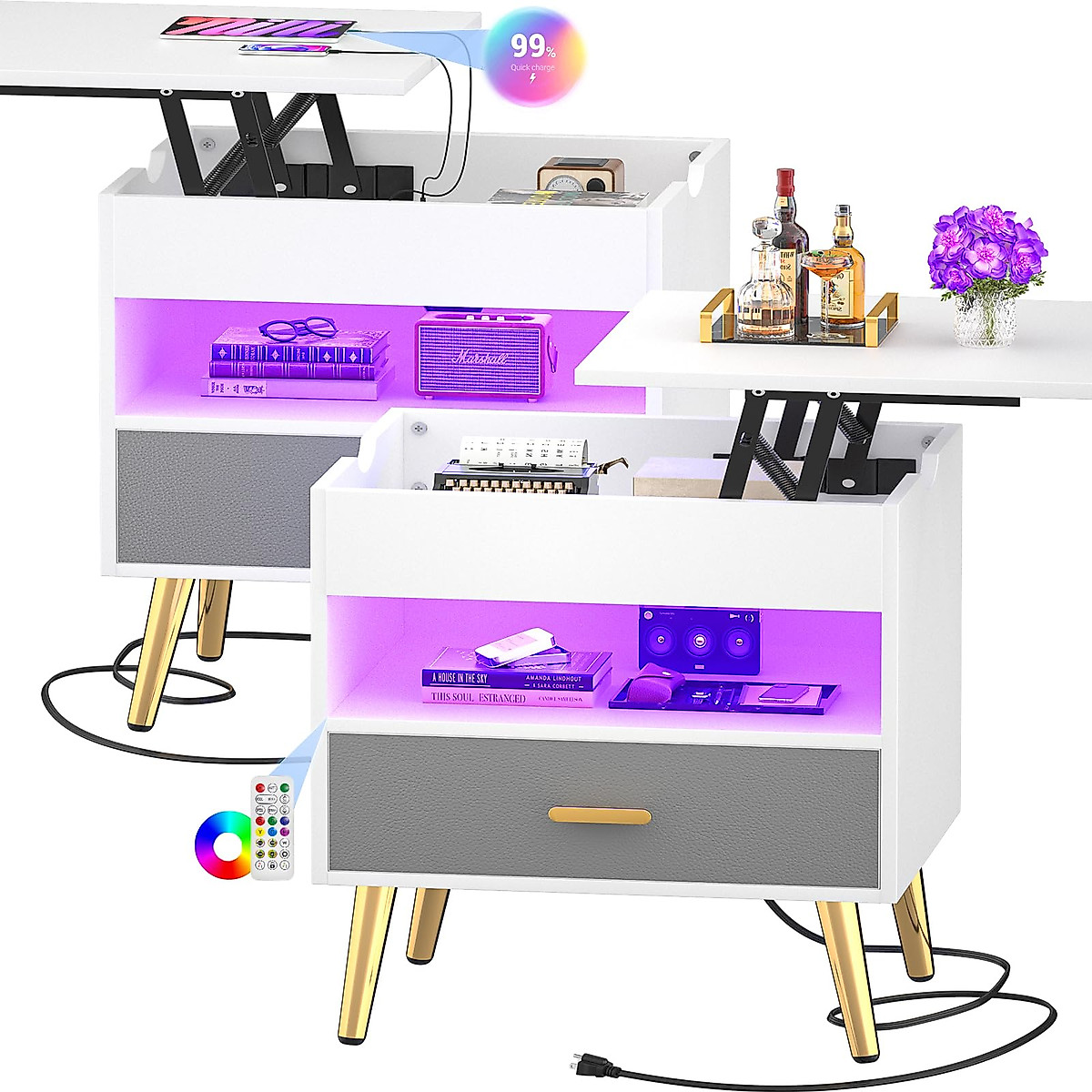 Cyclysio 35'' Nightstands Set of 2 with Reversible Lift Top, Large Night Stand with Lights, Tall Bedside Table with Charging, White Modern Side Table