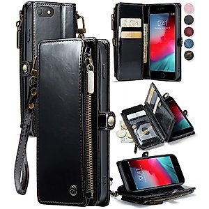 Defencase for iPhone 8/7/SE 2020/SE 2022 Wallet Case, for iPhone SE 2022 Case Wallet for Women Men, PU Leather Flip Strap Zipper Card Holder Phone Case for iPhone SE 3rd Generation 2022, Black
