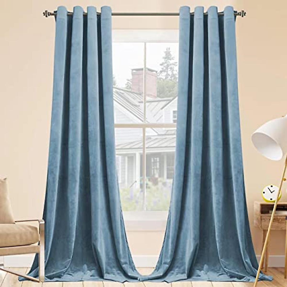 SMILETIME Sky Blue 96 in Long Velvet Curtains with Grommet, Thermal Insulated Super Soft Privacy Noise Reducing Light Blocking Velvet Curtains for Living Room, 2 Panels, Each 52 x 96 inches Long