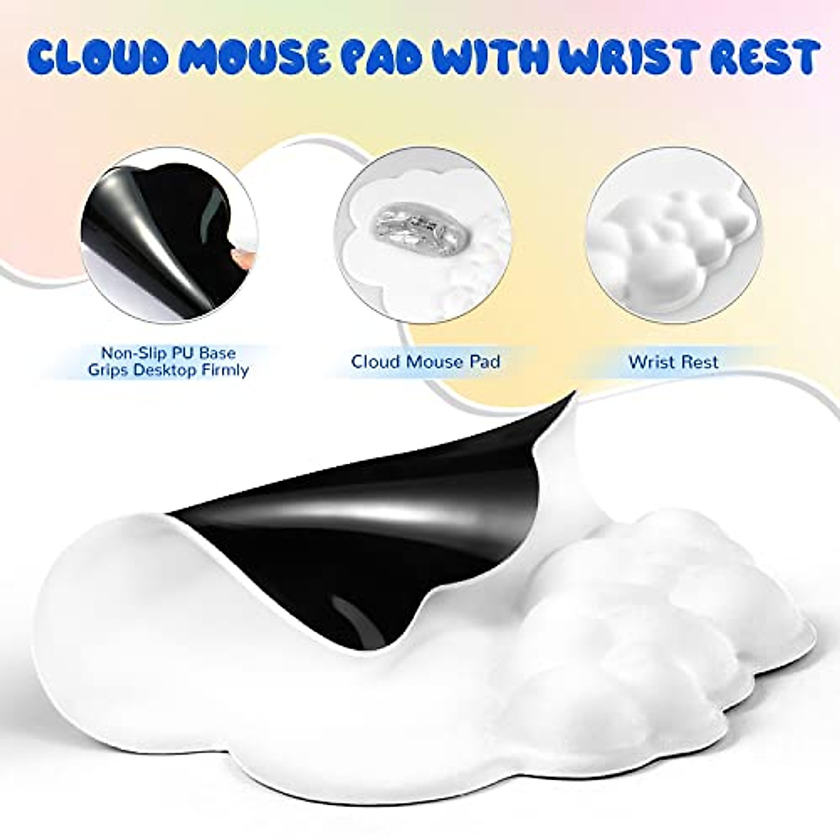 Gaming Mouse Pad Wrist Rest,Ergonomic Cloud Wrist Rest Mousepad with Gel Memory Foam,Non-Slip Rubber Base,Comfortable Mouse Pad for Home Office,Laptop,Mac,Lightweight,Easy Pain Relief (Cloud White)