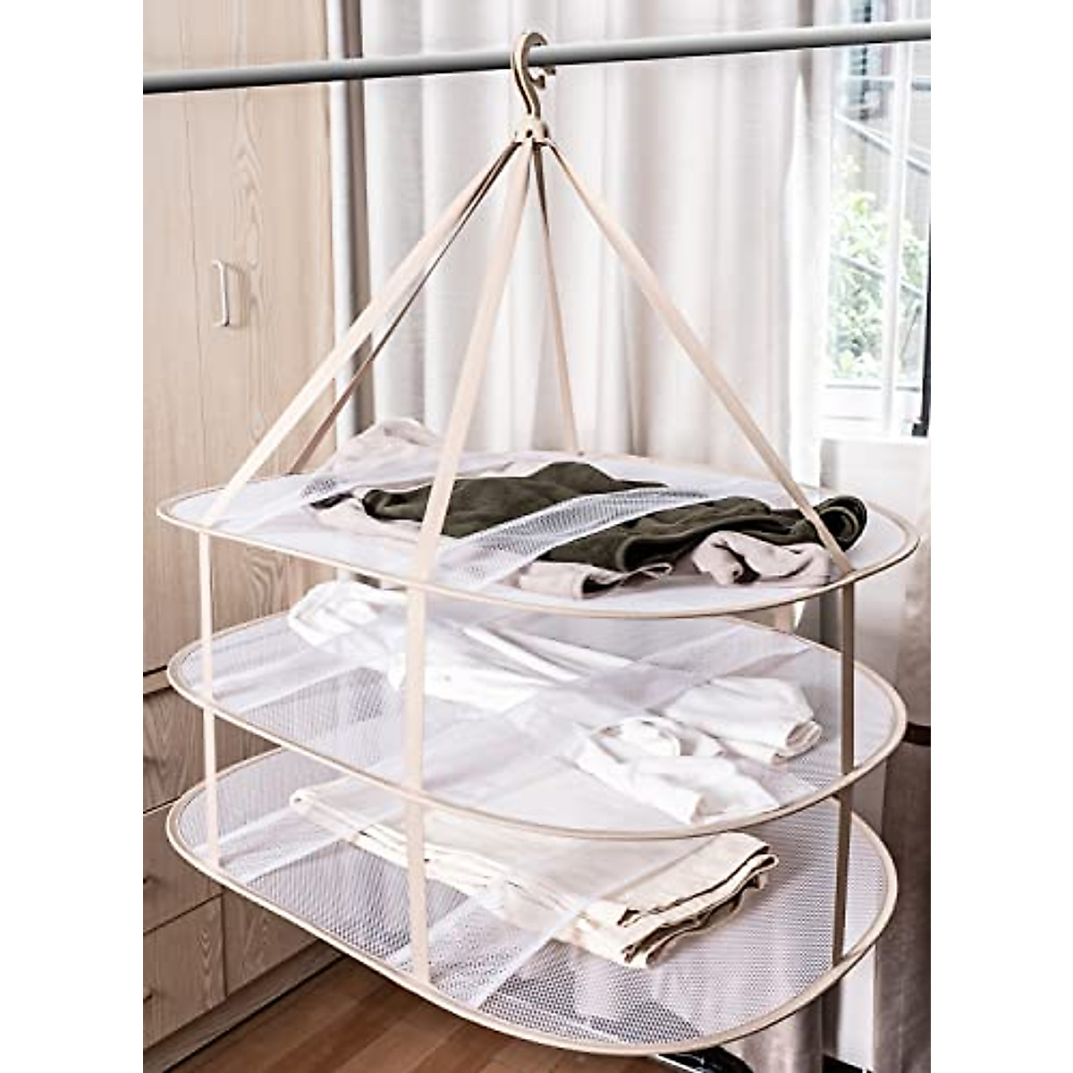 Sweater Flat Mesh Stackable Laundry Drying Rack, Lay Flat Dryer for Delicates, Portable Dry Rack for Indoor and Outdoor, 3 Tier Foldable, Beige