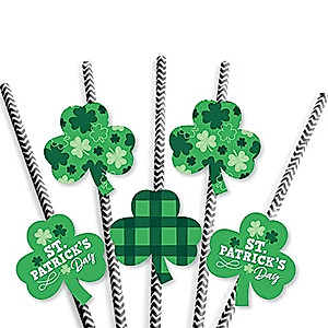 Big Dot of Happiness Shamrock St. Patrick’s Day - Paper Straw Decor - Saint Paddy’s Day Party Striped Decorative Straws - Set of 24