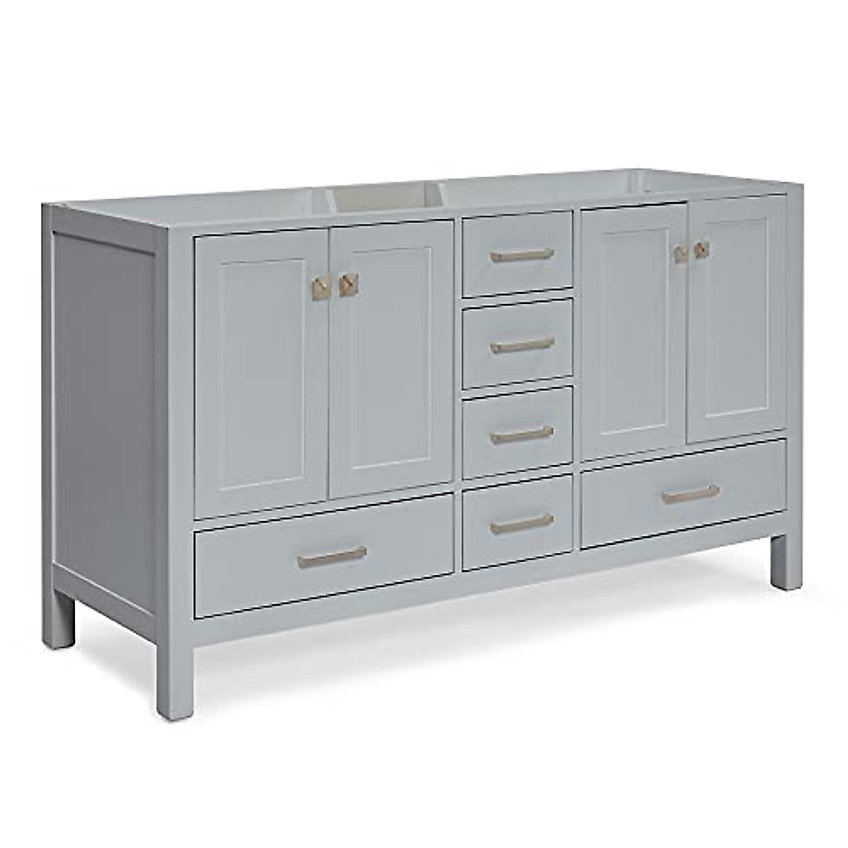 ARIEL 60" Grey Double Bathroom Vanity Base Cabinet, Double Sink Configuration, 4 Soft Closing Doors, 6 Full Extension Dovetail Drawers, Brushed Nickel