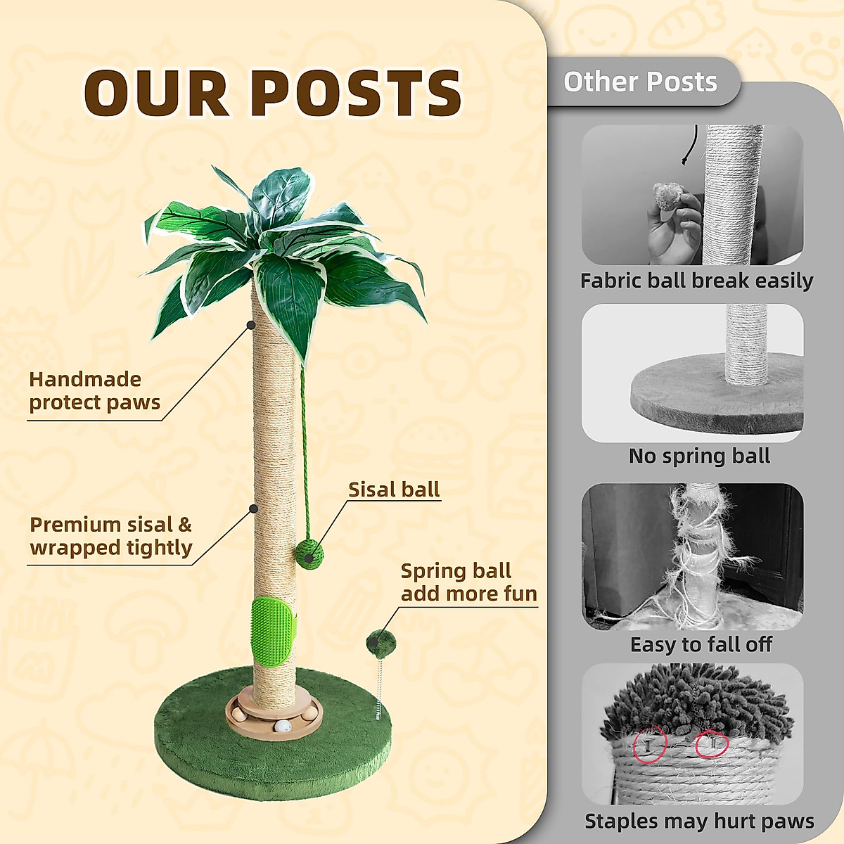 Cat Scratching Post 35'' Cat Scratcher Tall Scratching Posts for Indoor Cats with Cat Toy and Interactive Ball Self Groomer for Kittens Adults Cats