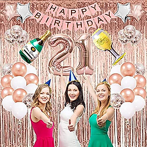 21st Birthday Decorations|21st Birthday Decorations for her|21st Birthday Decorations Rose Gold with Photo Booth Backdrop, Happy Birthday Banner, Confetti and Mylar Balloons