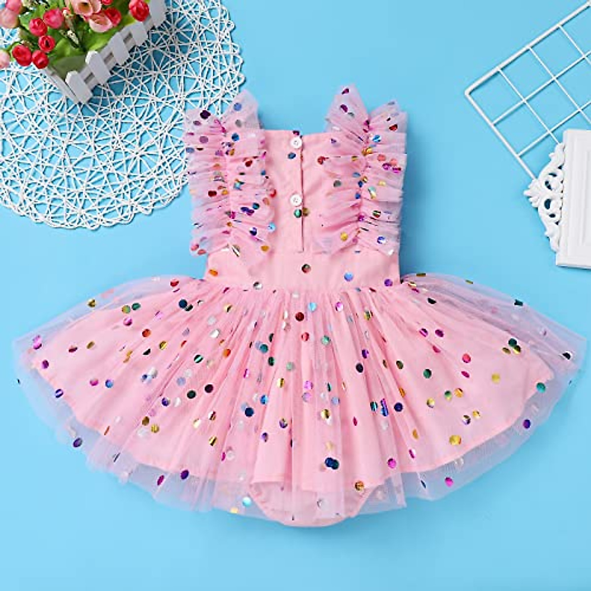 Baby Girls 1st Birthday Outfit Colorful Polka Dots Print Tulle Romper Ruffle Shoulder Straps Sleeveless Square Neck Princess Party Tutu Dress Cake Smash Clothes for Photo Shoot Pink 12-18 Months