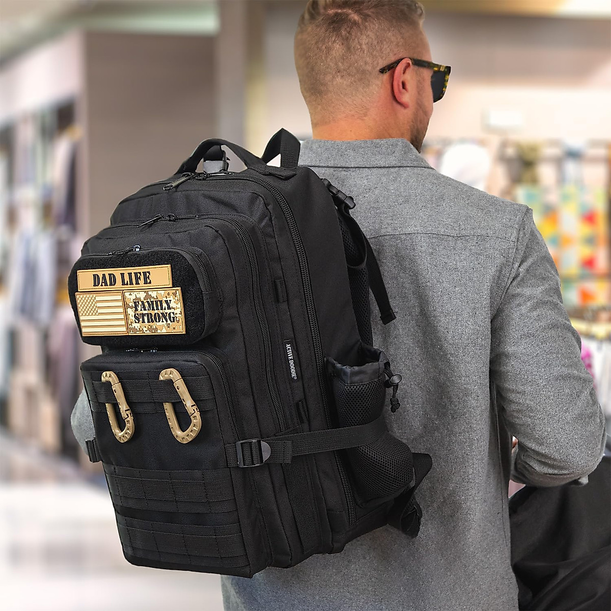 ActiveDoodie Dad Diaper Bag for Men with Removable Patches, Waterproof Tri-fold Changing Pad, Insulated Pouches, Molle Webbing, YKK Zippers, Black