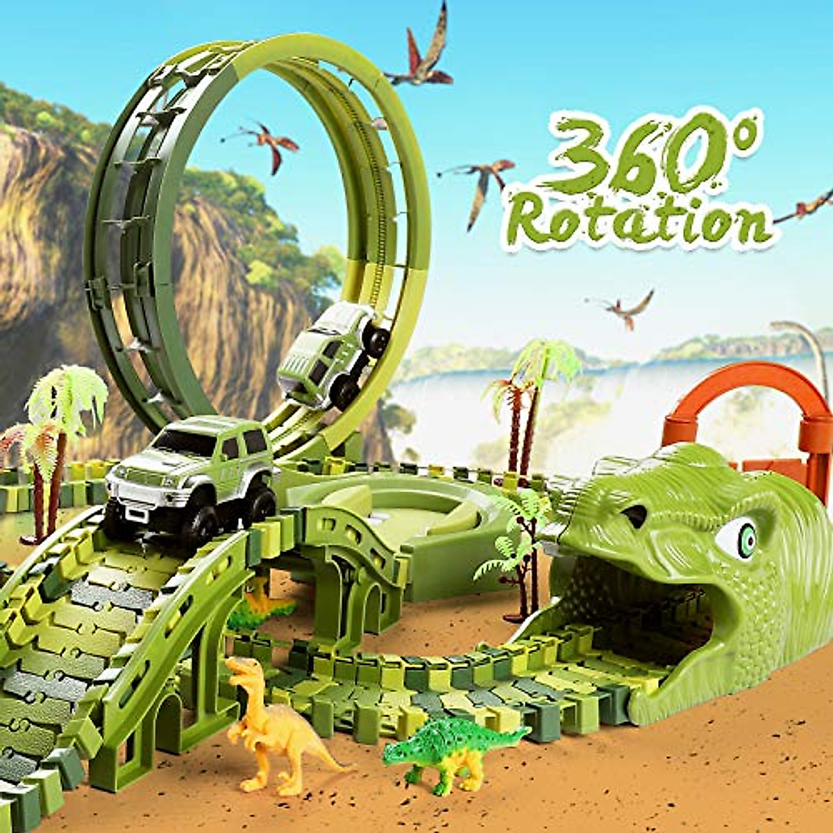 Dinosaur Race Car Track Toys, 400 pcs Create Dinosaur World Road Race, Flexible Tracks with 360 Loop and Auto Turntable Playset, 2 Cars, 2 Dinosaur Head, Gift for Kids Ages 3 4 5 6 Year Old Boys Girls