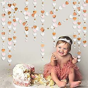 52Ft Rose Gold Pink and White Love Heart Garland Hanging Paper Streamer Banner for Anniversary Mother's Day Valentines Day Bachelorette Engagement Wedding Baby Bridal Shower Birthday Party Decorations