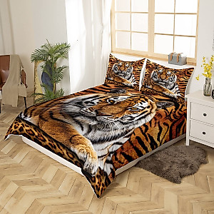 Tiger 3D Print Duvet Cover Set Queen Size Wild Animals Bedding Set 3pcs for Kids Teens Room Decor,Animal Fur Cover Soft Breathable Quilt Cover with 2 Pillowcases