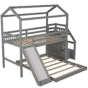 POCIYIHOME Twin Over Full House Bunk Bed with Convertible Slide & Storage Staircase, Wood Bed Frame with Slat Support & Full Length Guardrail for Kids,Teens Bedroom, No Box Spring Needed, Gray