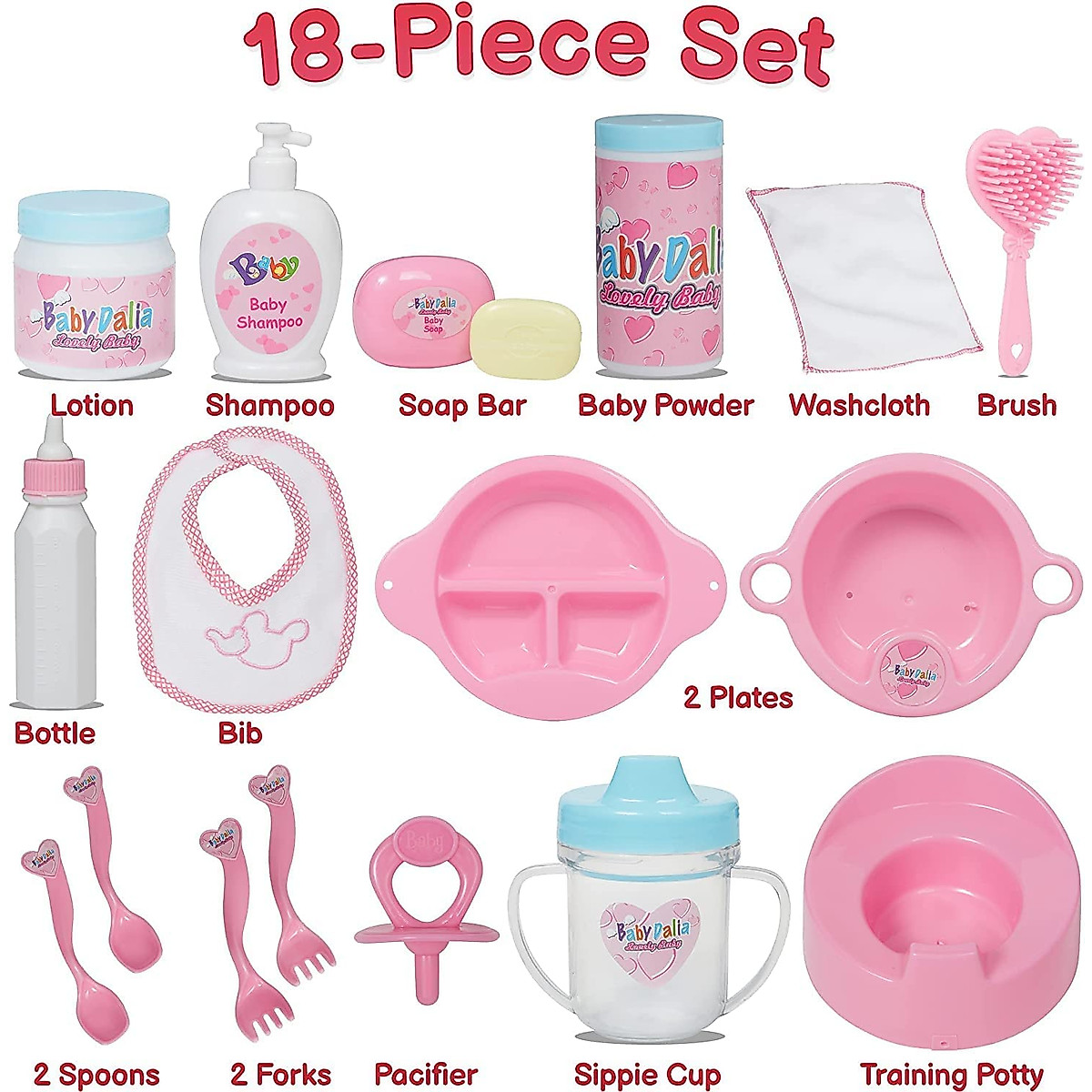 PREXTEX 18-Piece Baby Doll Accessories Set with Carrying Case - Includes Bottle, Sippy Cup, Pacifier, Bib, Hair Brush, Plates and More, Perfect for Kids, Toddlers, and Girls