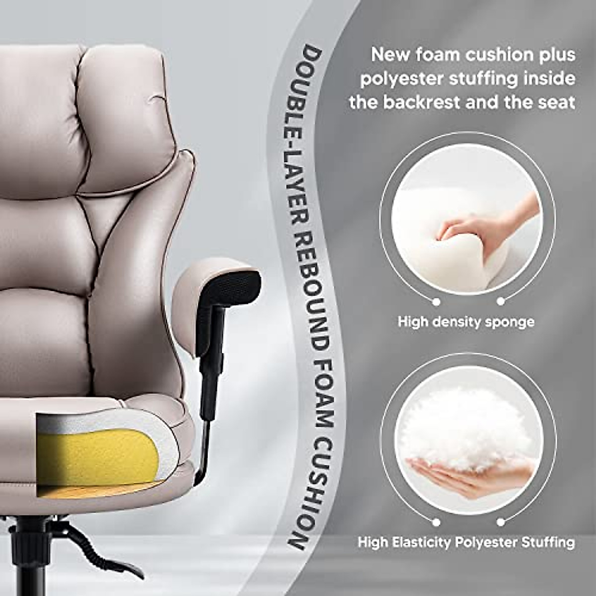 YAMASORO Big and Tall Office Chair 400lbs, Leathaire Cushy Seat and Adjustable Armrests Heavy Duty Executive Desk Chair with Wheels, Beige