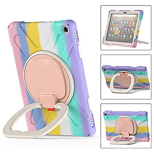 360 ° Rotation Portable Case for Fire HD 10 & 10 Plus Tablet（11th Generation, 2021 Release Rugged Case Rotating Stand Hand Strap Shoulder Carrying Strap Outdoor Cover (Colourful Pink)