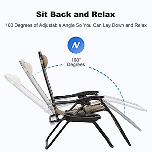 Nazhura Set of 2 Relaxing Recliners Patio Chairs Adjustable Steel Mesh Zero Gravity Lounge Chair Beach Chairs with Pillow and Cup Holder Khaki (Kahki)