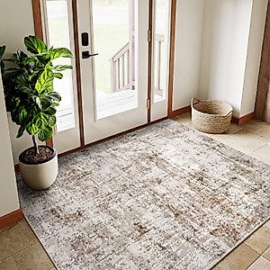 PureCozy Modern Brown Area Rug 4x6 Machine Washable Living Room Rug Kitchen Mat Non Slip Entryway Rug Indoor Accent Rug Abstract Distressed Throw Rug for Dining Room Bathroom