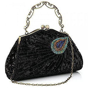 Women Evening Sequin Clutch Purse Vintage Beaded Shoulder Handbags Peacock Top Handle Bag for Party Prom Wedding (Black)