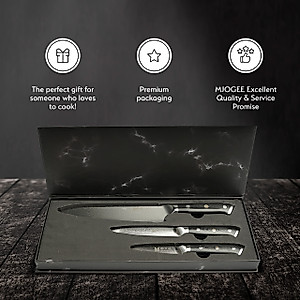 MJOGEE Damascus Professional Kitchen Knives - Chef Knife Set of 3 - Professional Knife Sets for Chefs - Carbon Steel Chef's Knives - 8-Inch Chef Knife, 5-Inch Utility Knife, & 3.5-Inch Paring Knife