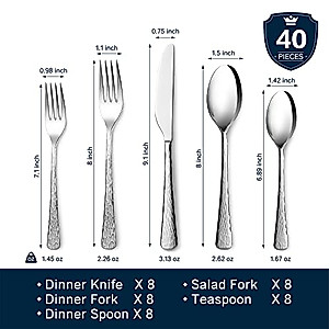 KINGSTONE Hammered Silverware Set, 40-Piece Flatware Set for 8, 18/10 Stainless Steel Premium Cutlery with Unique Ripple Handles Design Mirror Polished - Dishwasher Safe