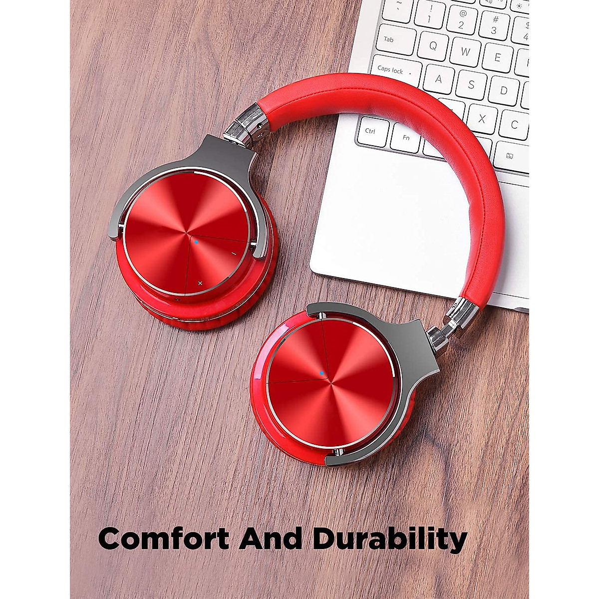 meidongg Active Noise Cancelling Headphones Bluetooth Headphones with Microphone Deep Bass Wireless Headphones Over Ear, Comfortable Protein Earpads, 30 Hours Playtime for TravelWork (Red)