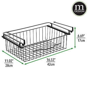 mDesign Large Metal Wire Hanging Pullout Drawer Basket - Sliding Under Shelf Storage Organizer - Attaches to Shelving - Easy Install - Black