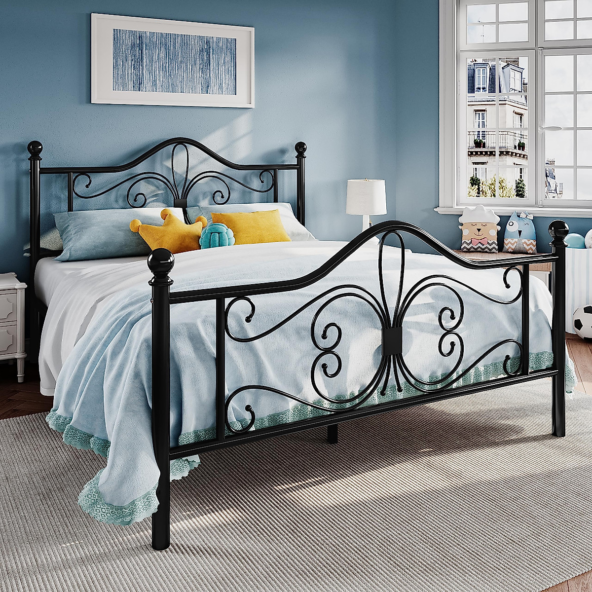 SHA CERLIN Queen Size Bed Frame and Headboard,Metal Bed Frame with Butterfly Pattern Design Headboard & Footboard,No Box Spring Needed,Easy Assembly,Black