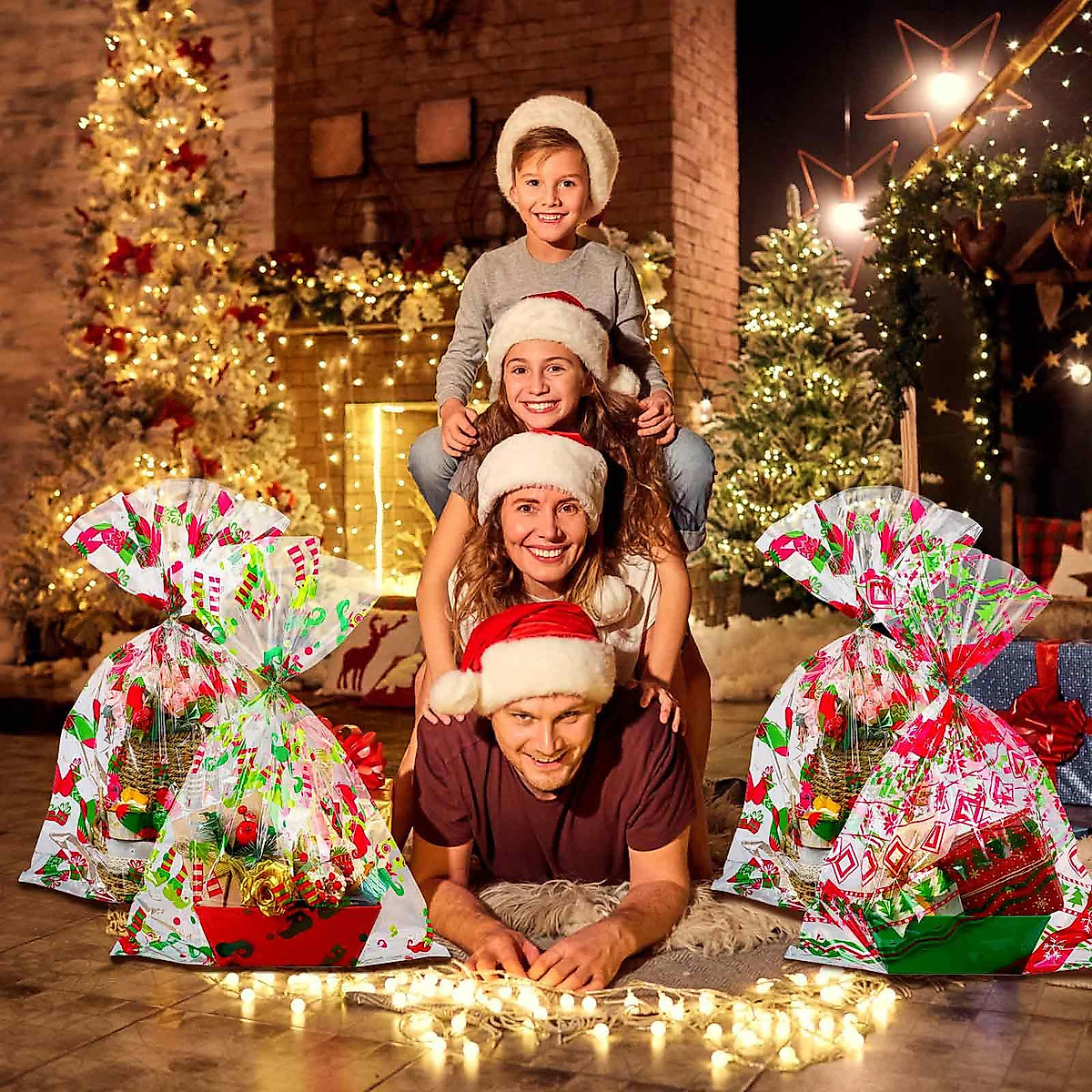 Cholemy 30 Pcs Christmas Large Cellophane Gift Basket Bags 19.7" x 27.6" Xmas Gift Bags Bulk Jumbo Holiday Plastic Gift Wrap Bags with 100 Twist Ties Snowflake Xmas Tree Goody Bags Xmas Party Supply