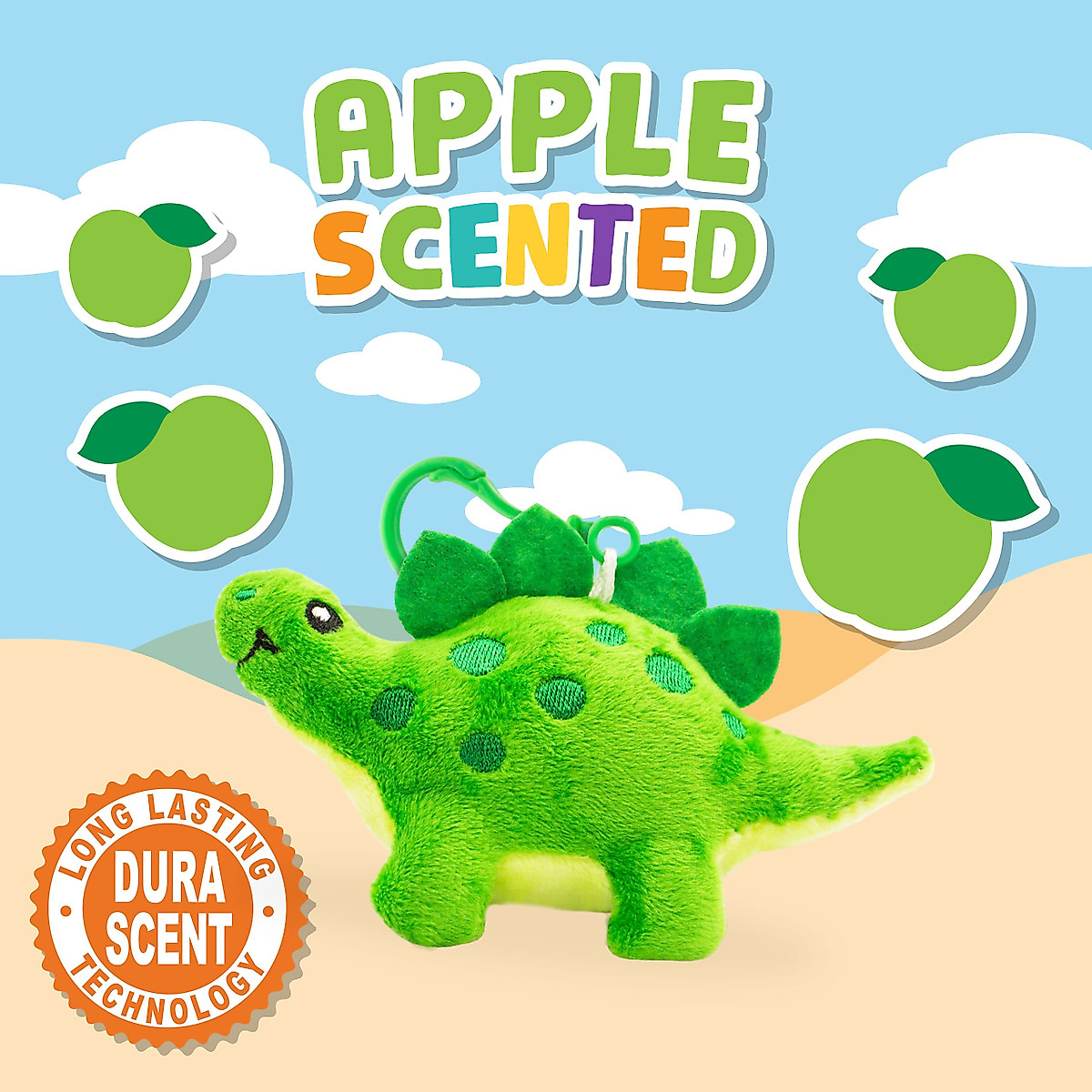 Scentco Dino Dudes Backpack Buddies - Patented Gourmet Scented Plush Toy Dinosaur Clips - Stegosaurus (Green Apple) - Stocking Stuffer