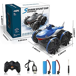 Desdoni Amphibious Remote Control Car 2.4 GHz Waterproof Off Road RC Shark Truck 4WD Stunt Car 360° Rotation All Terrain RC Truck for Adults Boys Girls Kids Gift 2Pcs Rechargeable Batteries