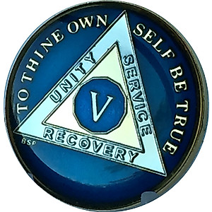 5 Year Midnight Blue AA Alcoholics Anonymous Medallion Chip Tri Plate Gold & Nickel Plated Serenity Prayer