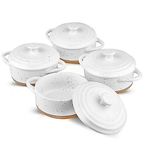 HVH 12 oz Ramekins with Lids, Mini Casserole Dish with Lid Oven Safe, Small Casserole Dish Set, Oven Safe Bowls, Mini Baking Dishes for Oven with Lids, Farmhouse Style (White)
