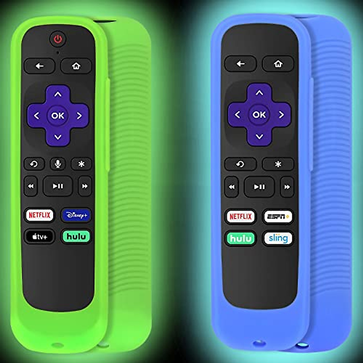PINOWU [2 Pack Universal Remote Cover (Glow in the dark) Compatible with TCL Roku/Hisense Roku TV remote/Roku Express 4K+ /Roku Streaming Stick 4K / Roku 2 3 4 Remote w/Lanyard (Green and Blue)
