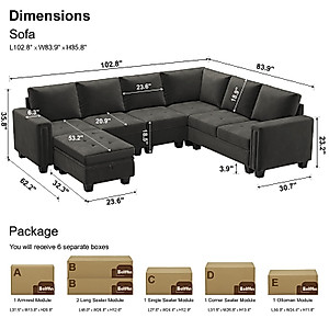 Belffin Velvet Modular Sectional Sofa with Storage Ottoman 6 Seater L Shaped Sectional Modular Sofa Couch with Reversible Chaise Convertible Corner Sectional Couch Grey