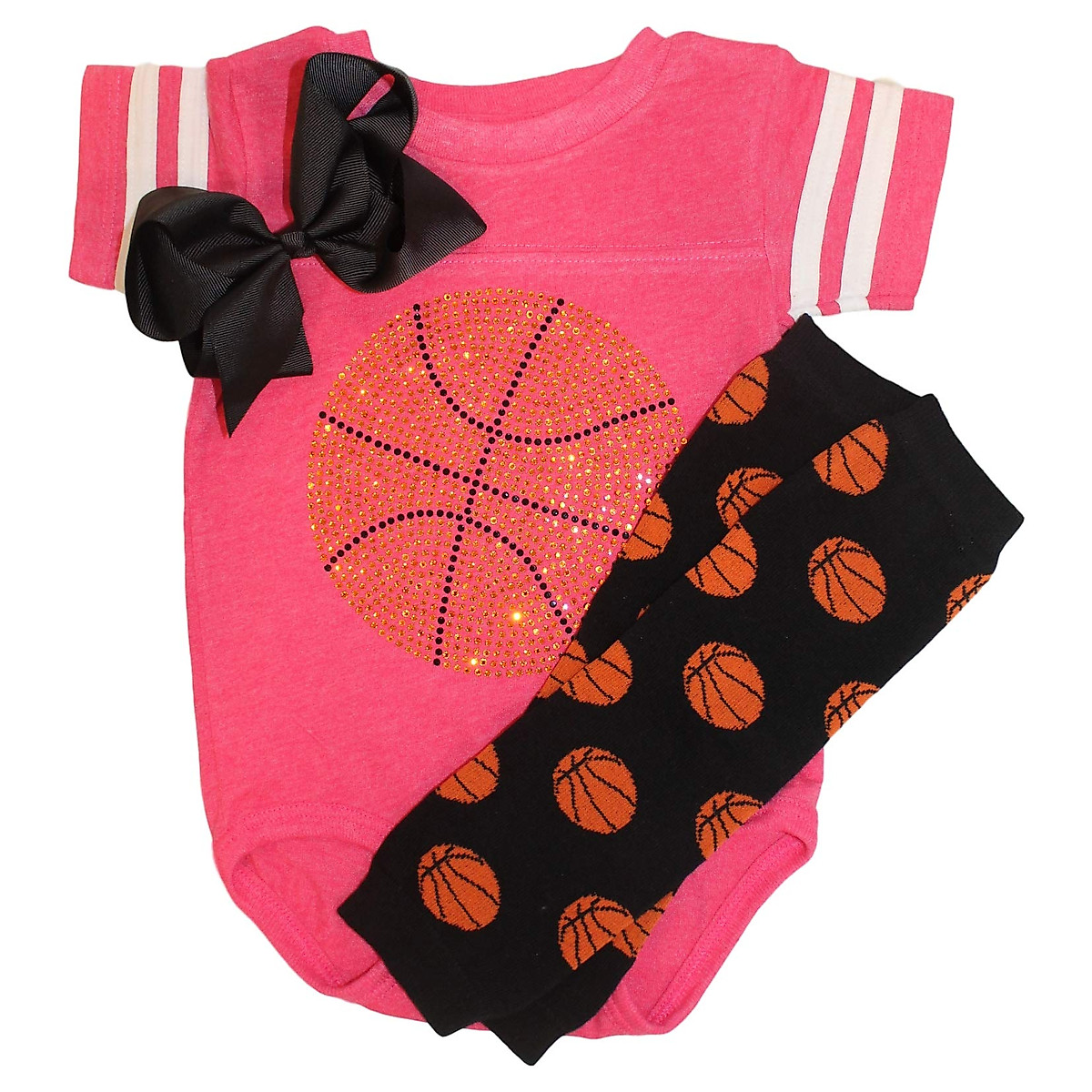 FanGarb Rhinestone Baby Girls Basketball Pink Team Color Sport Outfit with Bow & Leg Warmers 24mo