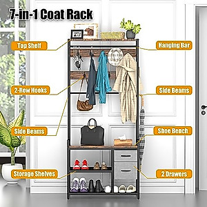 DDJ Hall Tree with Bench and Shoe Storage, Entryway Bench with Coat Rack with Shoe Storage, 7-in-1 Entryway Coat Rack with Hooks and Hanging Rod, 11.8 x 33.1 x 70.9 in, Rustic Brown and Black