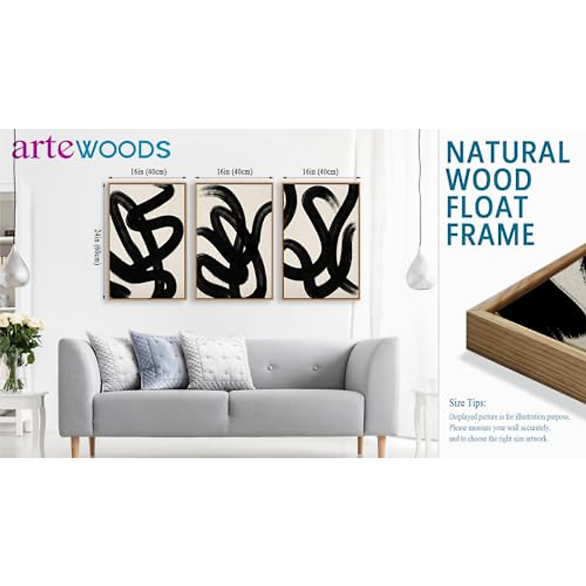 Framed Wall Art Canvas Set Abstract Lines Pictures Modern Mid Century Boho Wall Decor Minimalist Abstract Black Stroke Lines Canvas Painting Artwork Living Room Bedroom Home Office 16"x24"x3 Natural